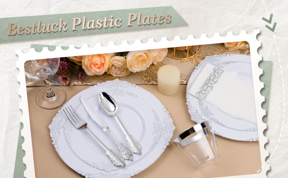 10.25"&7.5" White Silver Retro Plastic Dinnerware Sets - Good Luck Party