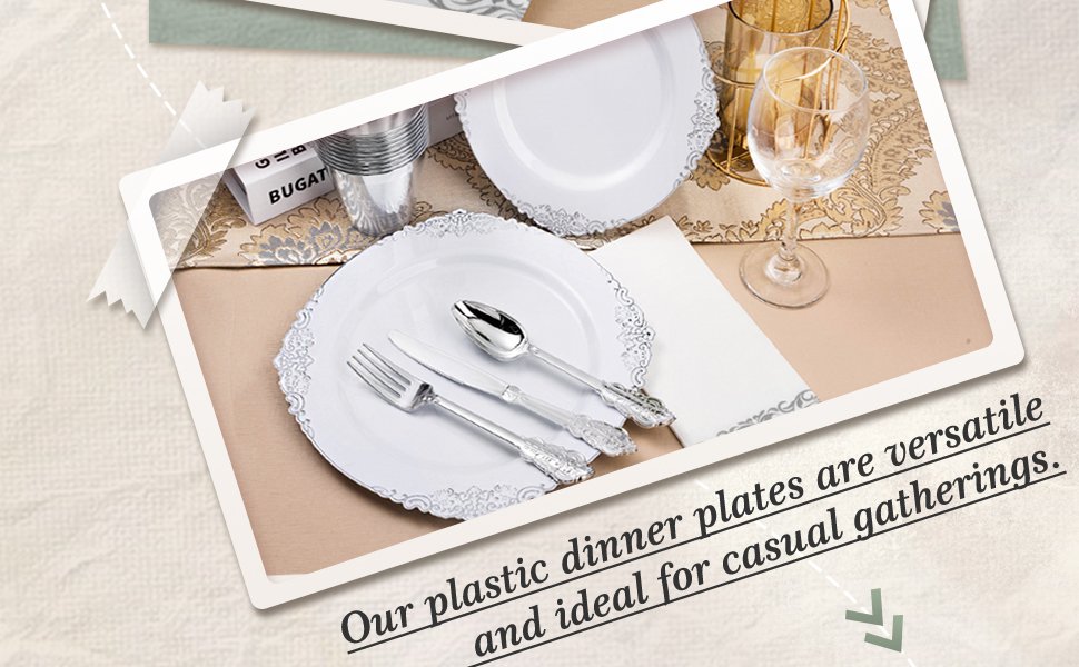 10.25"&7.5" White Silver Retro Plastic Dinnerware Sets - Good Luck Party