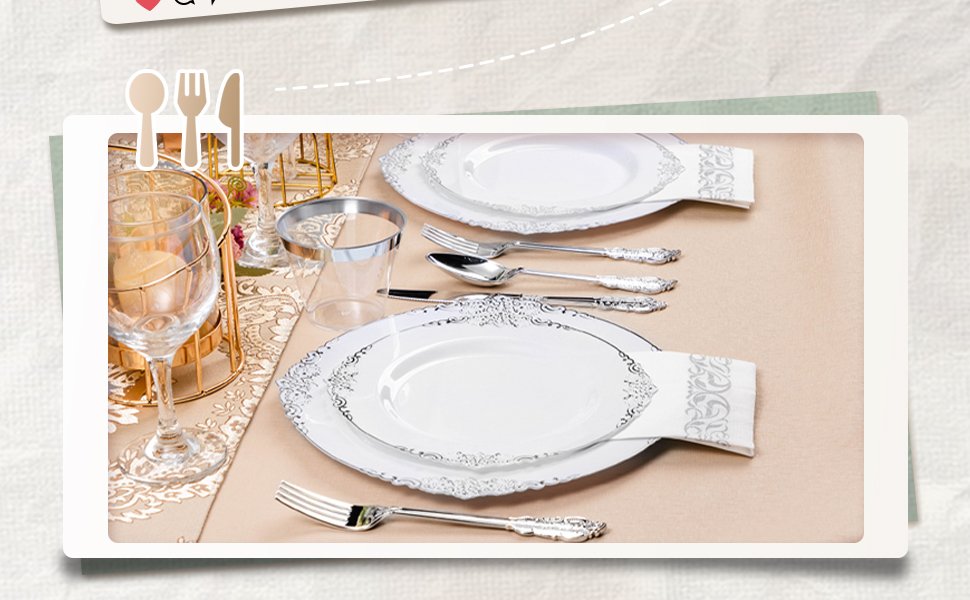 10.25"&7.5" White Silver Retro Plastic Dinnerware Sets - Good Luck Party